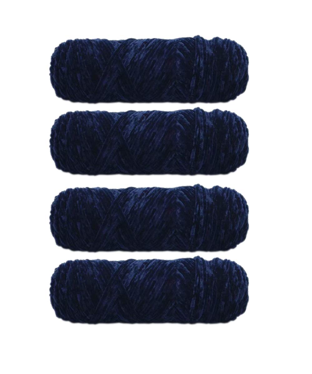 Truevalue 4 Skeins Chenille Yarn,Hand Knitting Glossy Chenille Velvet Blanket Yarn for Crochet Weaving DIY Craft Total 400g (Navy)