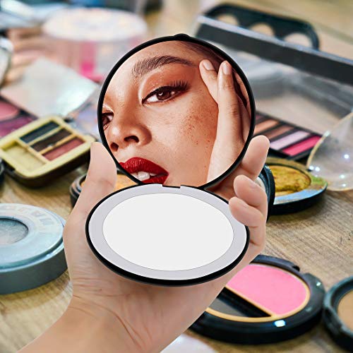 Milishow Travel Mirror with LED Lighted, 1x/10x Magnification Compact Mirror with Light, 2-Sided Illuminated Folding Round Mirror, Handheld Pocket Makeup Mirror