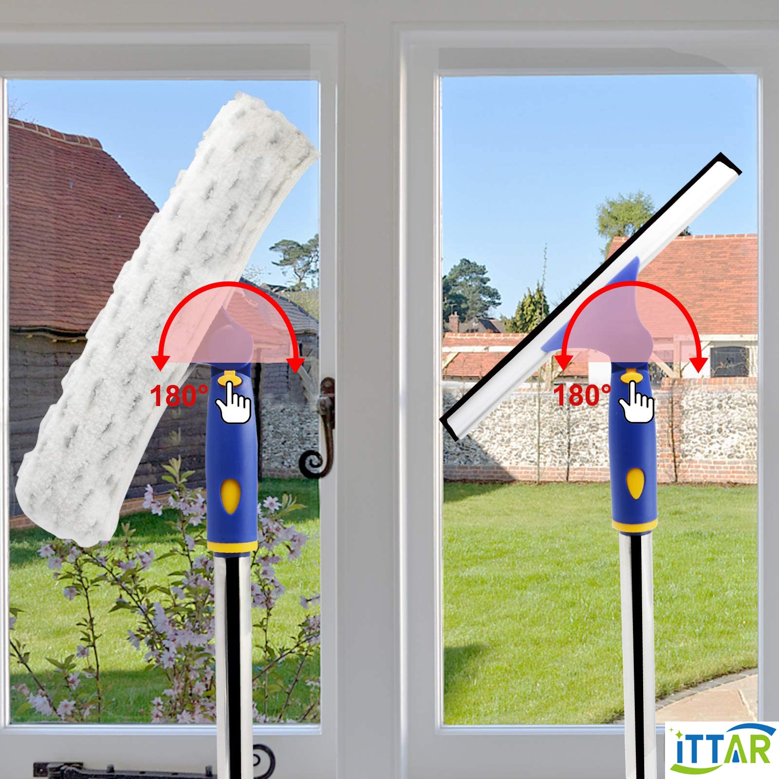 ITTAR Window Squeegee Cleaner Kit, Rotatable Rubber Squeegee and Microfiber Scrubber-2 Pads, Washing kit with 60" Telescopic Stainlees Steel Pole, Window Cleaning Tool for Home Shower Car Windshield
