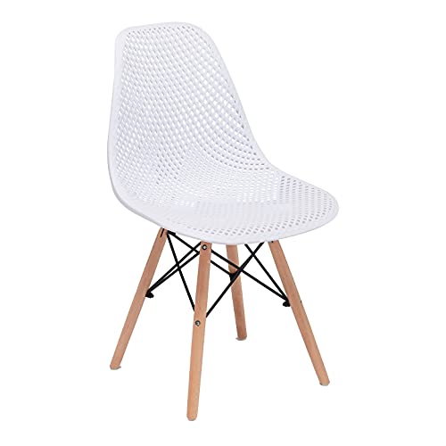 CangLong Dining Mid Century Modern Hollow Back Design Plastic Shell Armless Side Chair with Beech Wood Legs, Set of 1, White