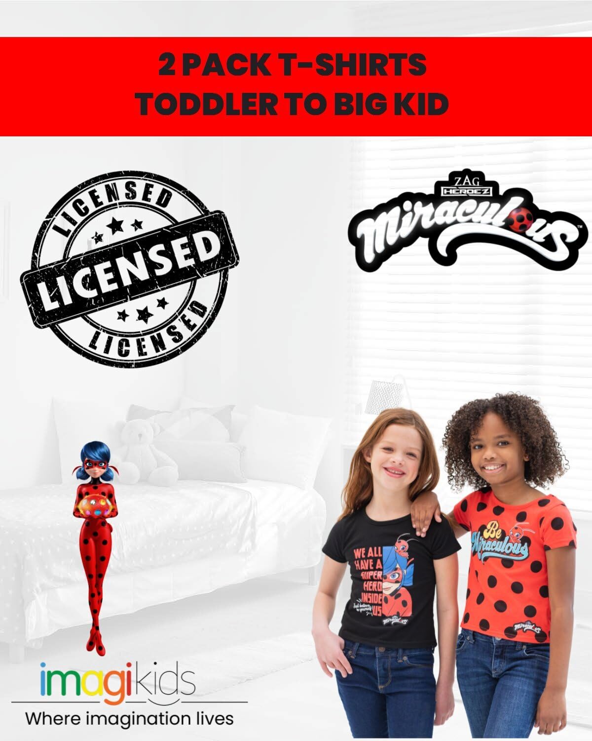 Miraculous Ladybug Little Girls 2 Pack T-Shirts Polka Dots Black/Red 5