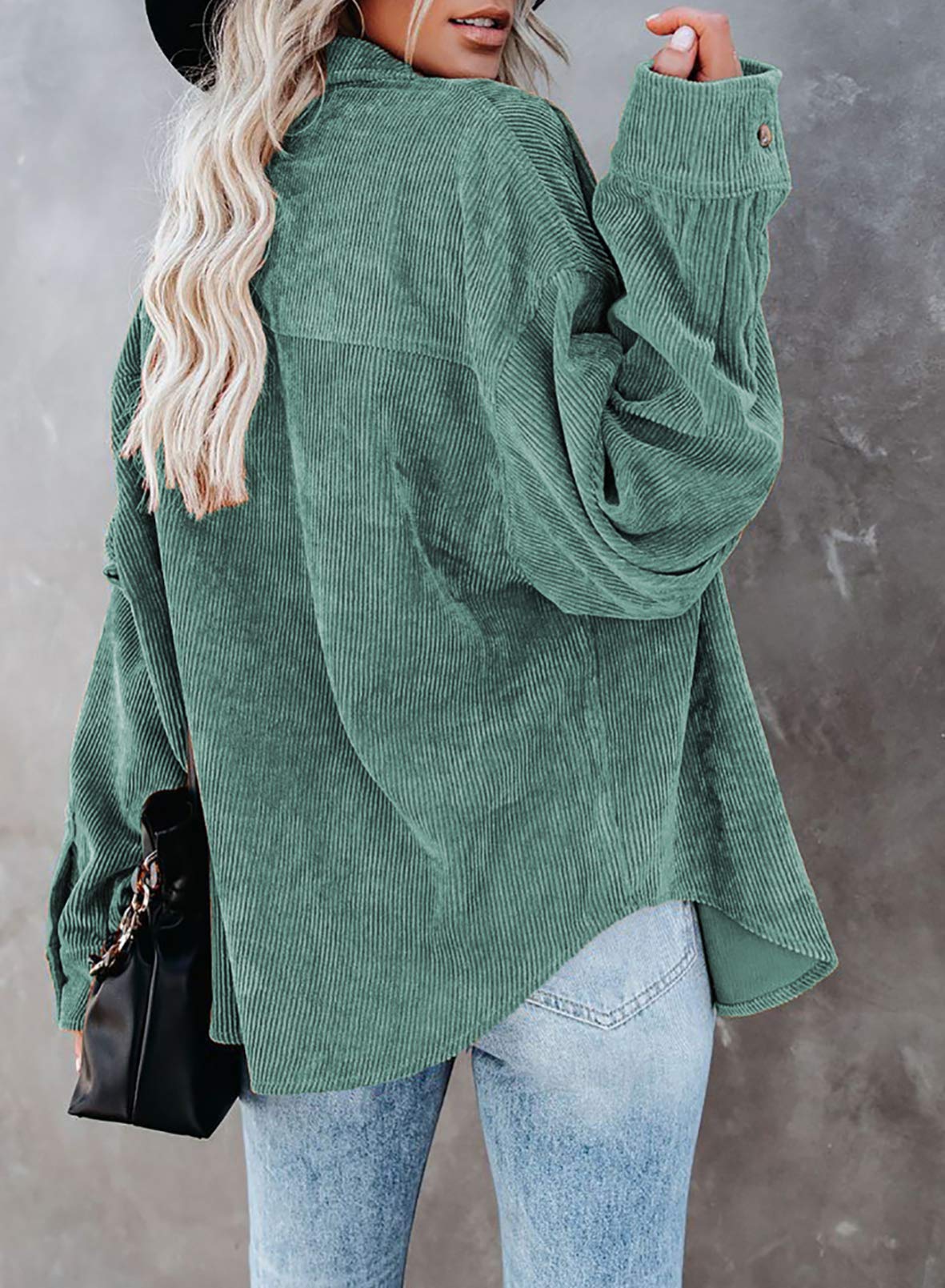 Dokotoo Womens Oversized Long Sleeve Button Up Pocket Shirts Ladies Loose Fit Corduroy Tunic Blouse Tops S Green