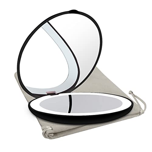 Milishow Travel Mirror with LED Lighted, 1x/10x Magnification Compact Mirror with Light, 2-Sided Illuminated Folding Round Mirror, Handheld Pocket Makeup Mirror