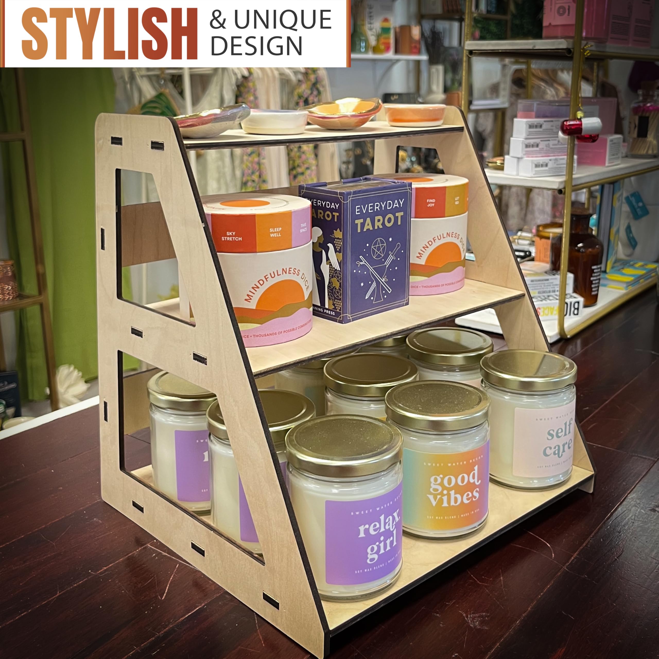 Torched 3-Tier Retail Table Display Stand with Shelves for Products - Portable | 3 Step Riser Display Rack for Retail Table Top, Counter Top, Craft Shows, Farmers Market | Showcase Display for Jewelry