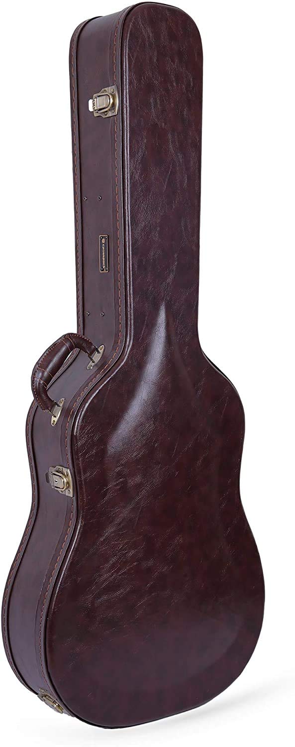 Crossrock Case - Hard-Shell Wooden Guitar Case - Fits 12-Strong Dreadnought Classical Nylon String Acoustic Guitars - Stainless Steel Latches, Sponge Lining, Metal Feet, Storage Space - Vintage Brown