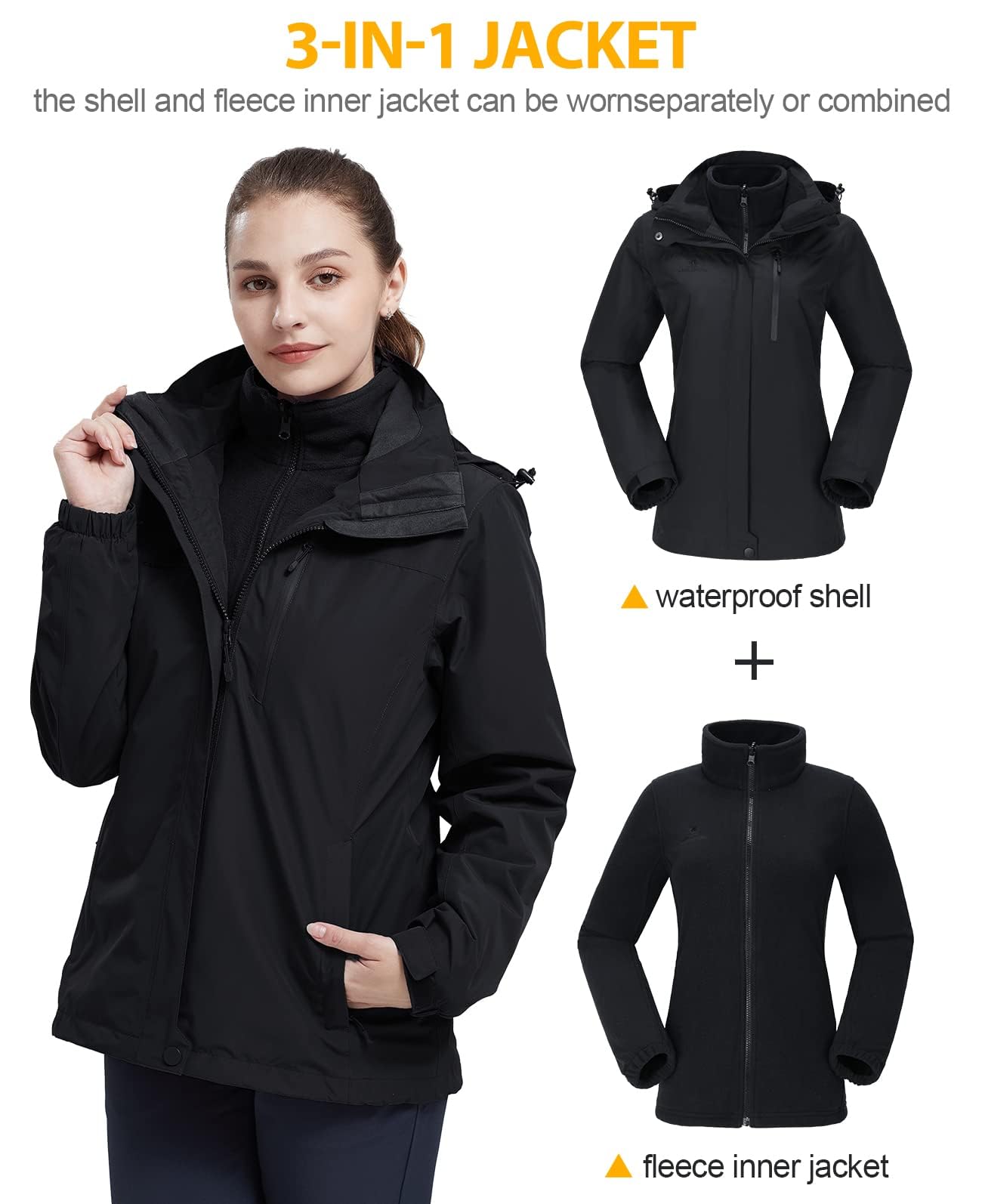 CAMEL CROWN Women's Waterproof Ski Jacket 3 in 1 Winter Coat Windbreaker Snowboard Jackets for Rain Snow Outdoor Hiking Black S