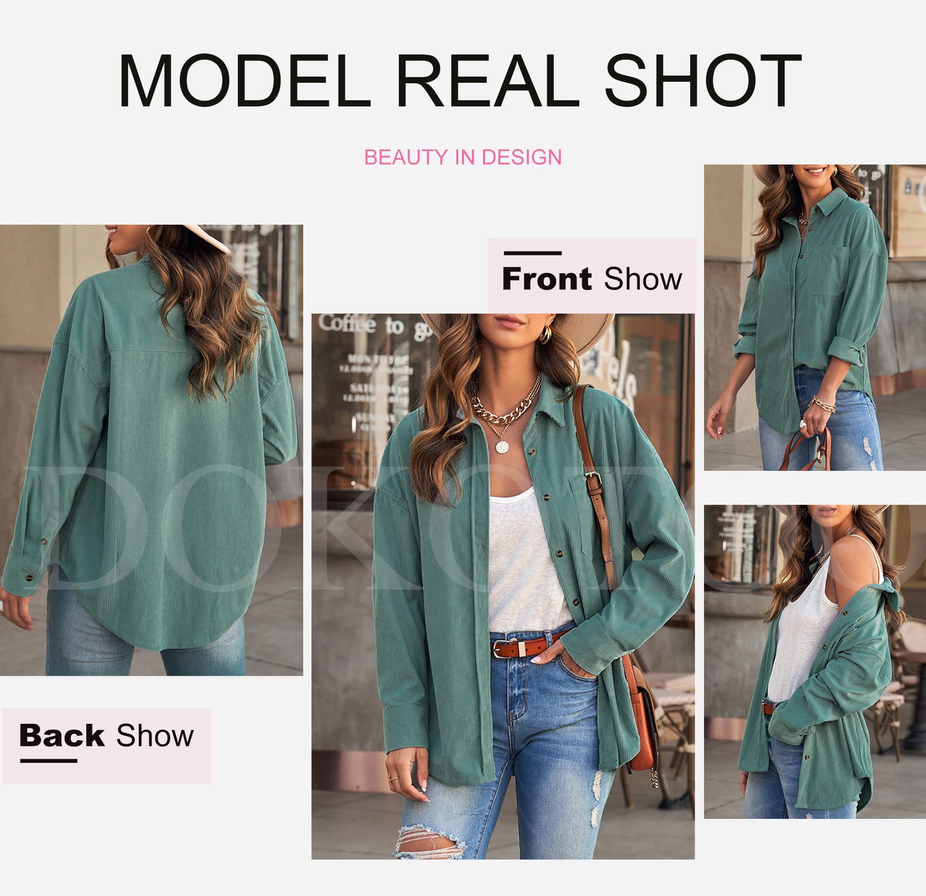 Dokotoo Womens Oversized Long Sleeve Button Up Pocket Shirts Ladies Loose Fit Corduroy Tunic Blouse Tops S Green