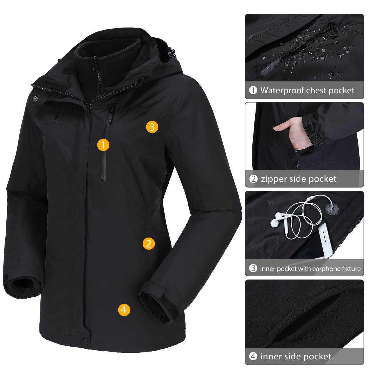 CAMEL CROWN Women's Waterproof Ski Jacket 3 in 1 Winter Coat Windbreaker Snowboard Jackets for Rain Snow Outdoor Hiking Black S