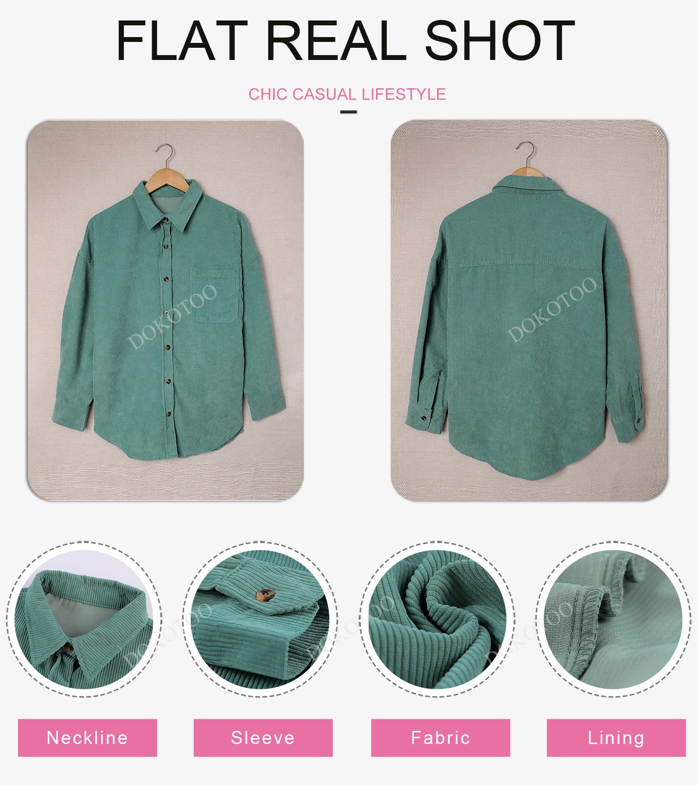 Dokotoo Womens Oversized Long Sleeve Button Up Pocket Shirts Ladies Loose Fit Corduroy Tunic Blouse Tops S Green