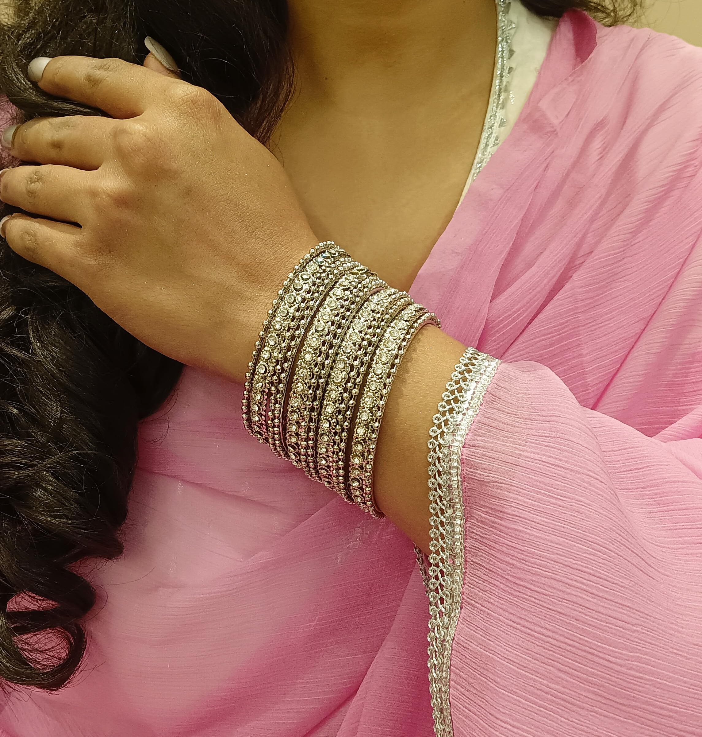Efulgenz Oxidized Silver Bangles for Women Indian Boho Oxidized Bangles CZ Crystal Metal Indian Bracelet Bangle Set Jewellery for Women