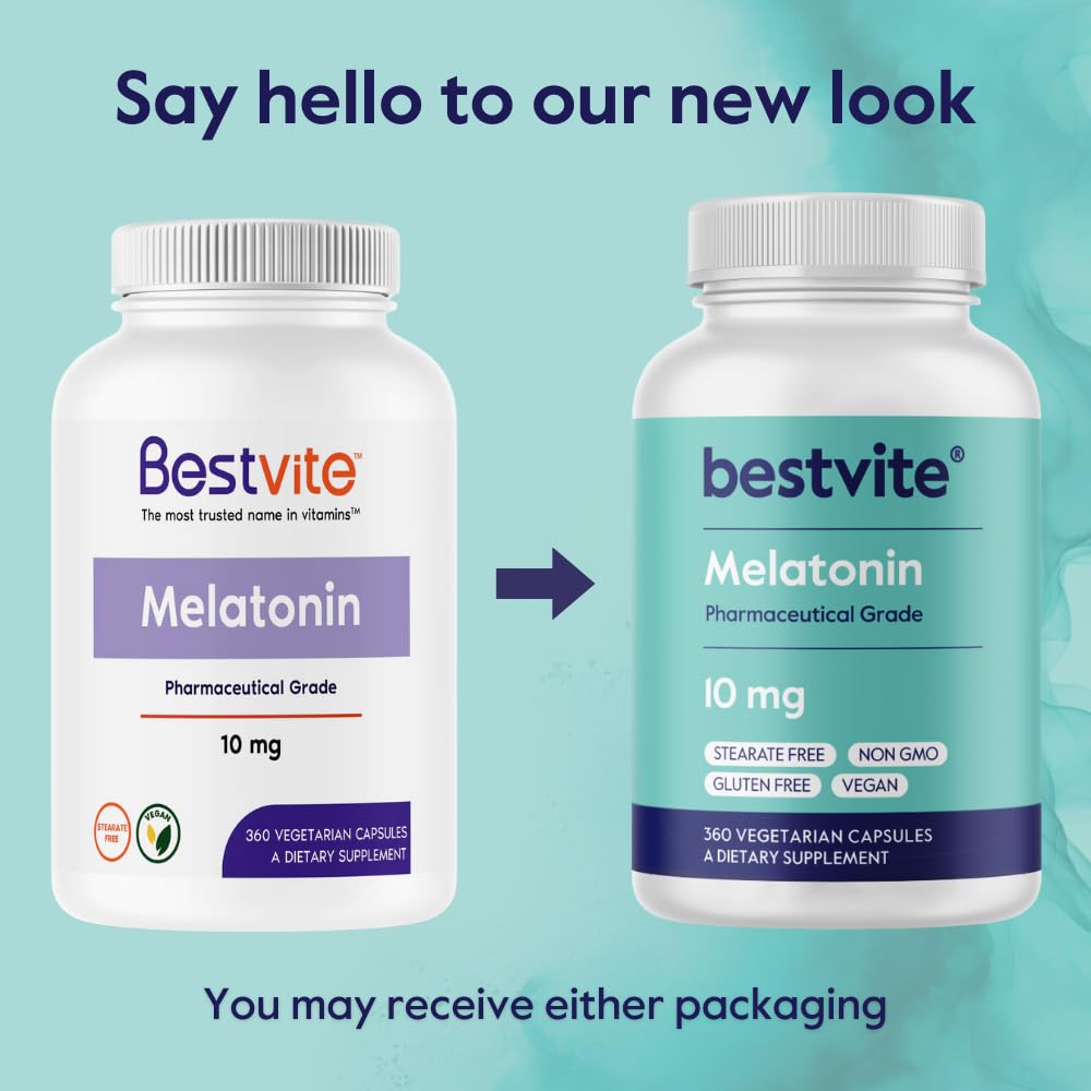BESTVITE Melatonin 10 mg - 360 Veg Caps - No Stearates - No Sucralose, No Dextrose, No Silicon Dioxide, No Mannitol - Vegan - Non-GMO - Gluten-Free - Sleep Aid to Support Rest & Wake Cycles