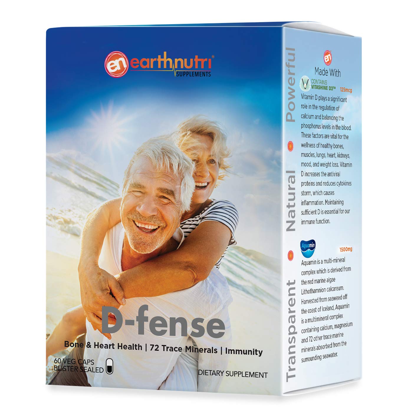 EarthNutri D-fense Bone & Heart Health, 72 Trace Minerals, Immunity, Vitamin D3 Vitashine, Calcium, Iron, and Magnesium Aquamin - 60 Veg Cap, Blister Sealed.