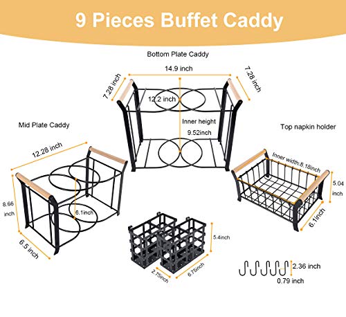 TQVAI 3 Tier Buffet Caddy(Set of 9) Napkin Plate Utensils Organizer with 4 Mugs Hooks - Ideal for Kitchen, Dining, Entertaining, Parties, Picnics, Black