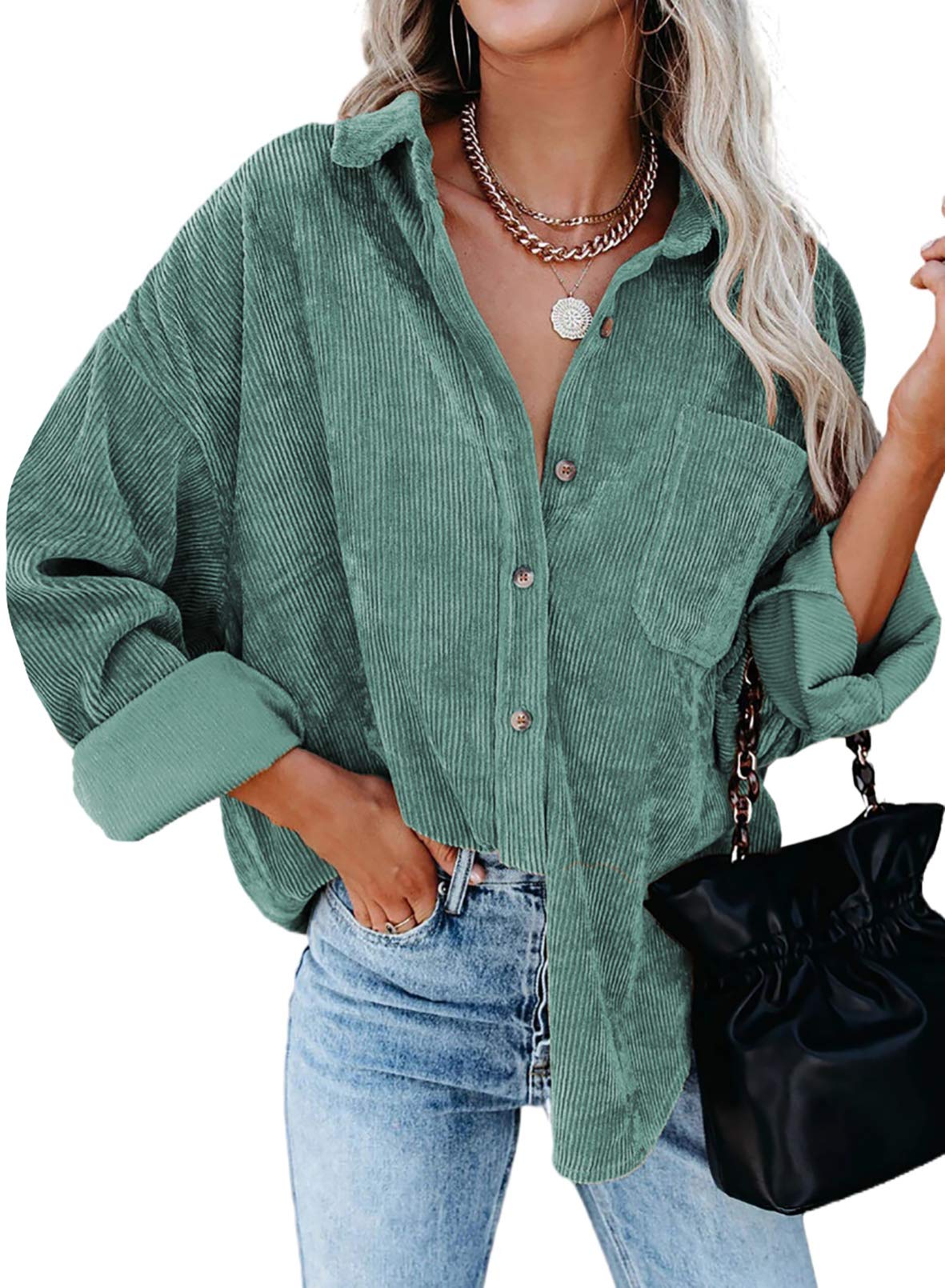 Dokotoo Womens Oversized Long Sleeve Button Up Pocket Shirts Ladies Loose Fit Corduroy Tunic Blouse Tops S Green