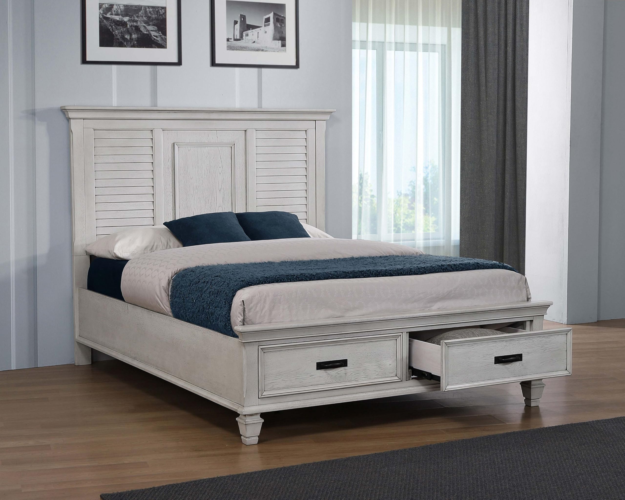 Coaster Home Furnishings Franco Farmhouse Wood California King Size Storage Panel Bed Frame Platform Bed 57-inch Headboard Distressed White 205330KW
