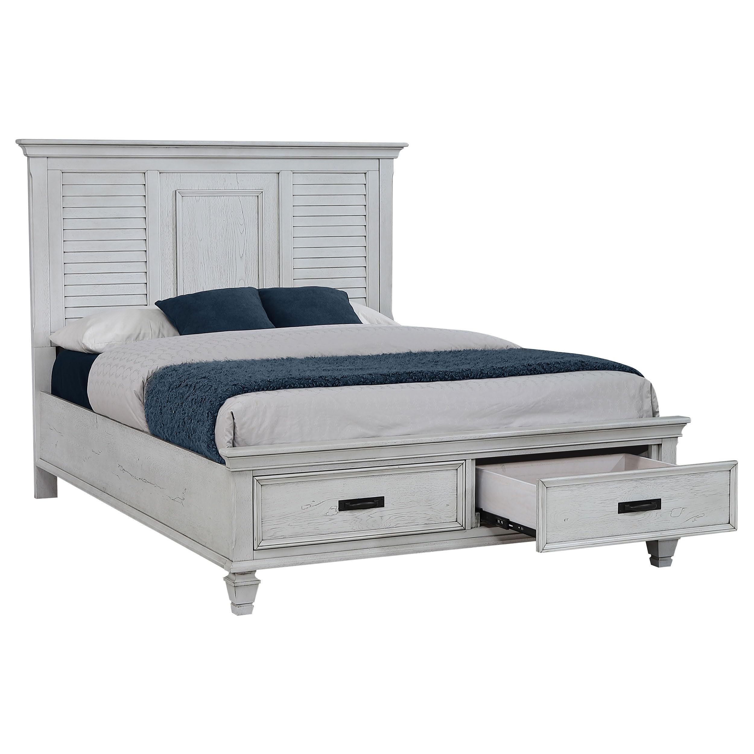 Coaster Home Furnishings Franco Farmhouse Wood California King Size Storage Panel Bed Frame Platform Bed 57-inch Headboard Distressed White 205330KW