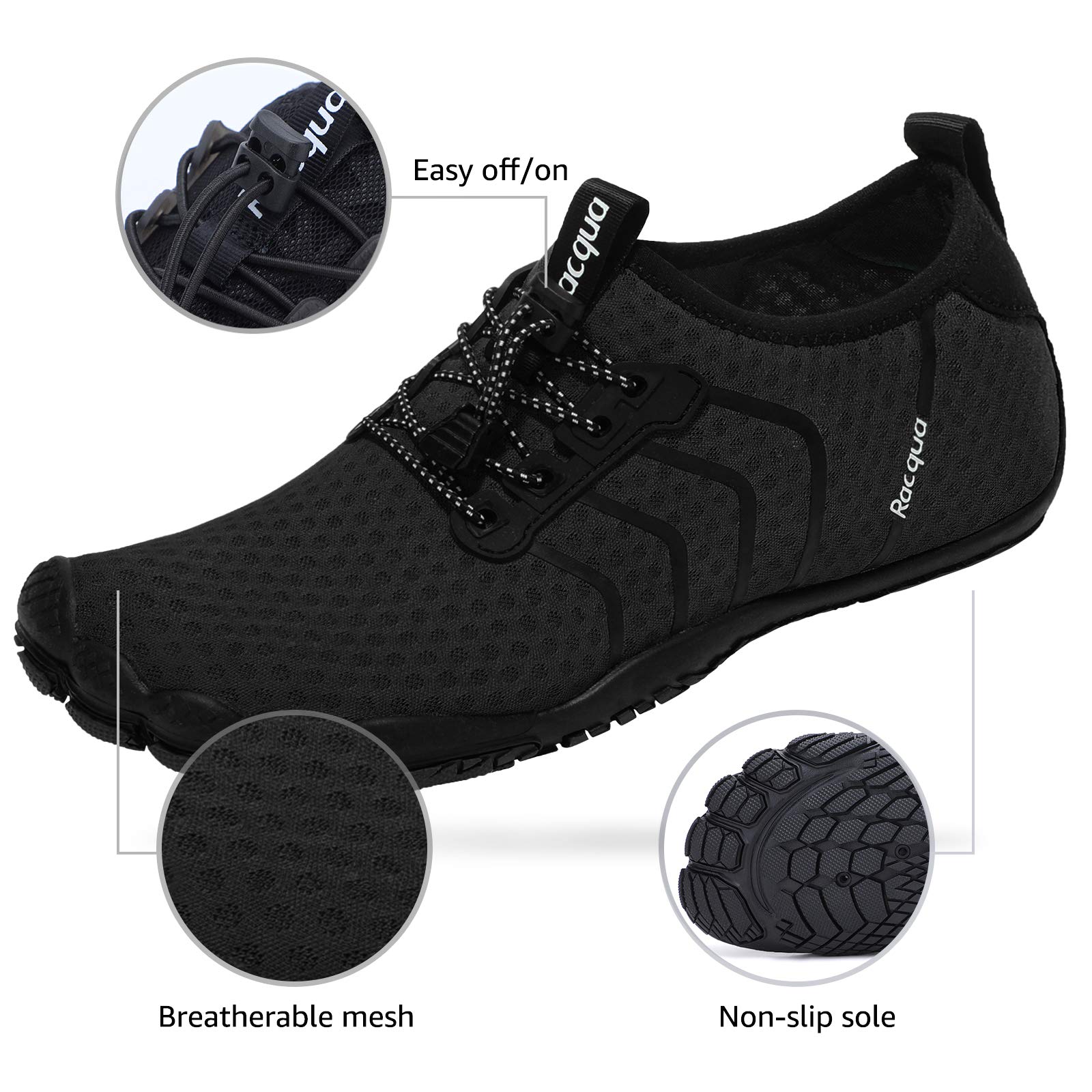 Racqua Water Shoes Quick Dry Barefoot Beach Aqua Sport Swim Surf Pool Hiking Diving Walking for Men Women Black 10 W/9 M