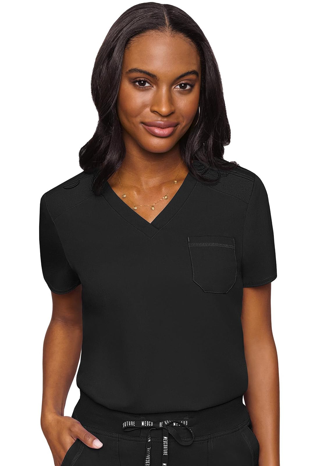 Med Couture Women's V-Neck Scrub Top, Modern Fit Tuck-in Top with Stretchy Rib-Knit Shoulders and Chest Pocket - MC7448, Black, Small