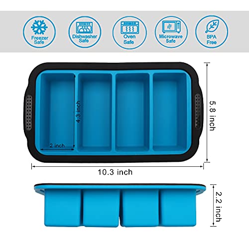 1 Cup Extra Large Silicone Cube Freezing Trays with lid for soup,broth,sauce or butter, Silicone Freezer Container Molds Soup Trays -makes four great portions 1cup Cube(2 PACK, Blue)