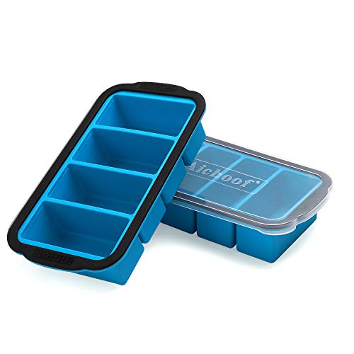 1 Cup Extra Large Silicone Cube Freezing Trays with lid for soup,broth,sauce or butter, Silicone Freezer Container Molds Soup Trays -makes four great portions 1cup Cube(2 PACK, Blue)