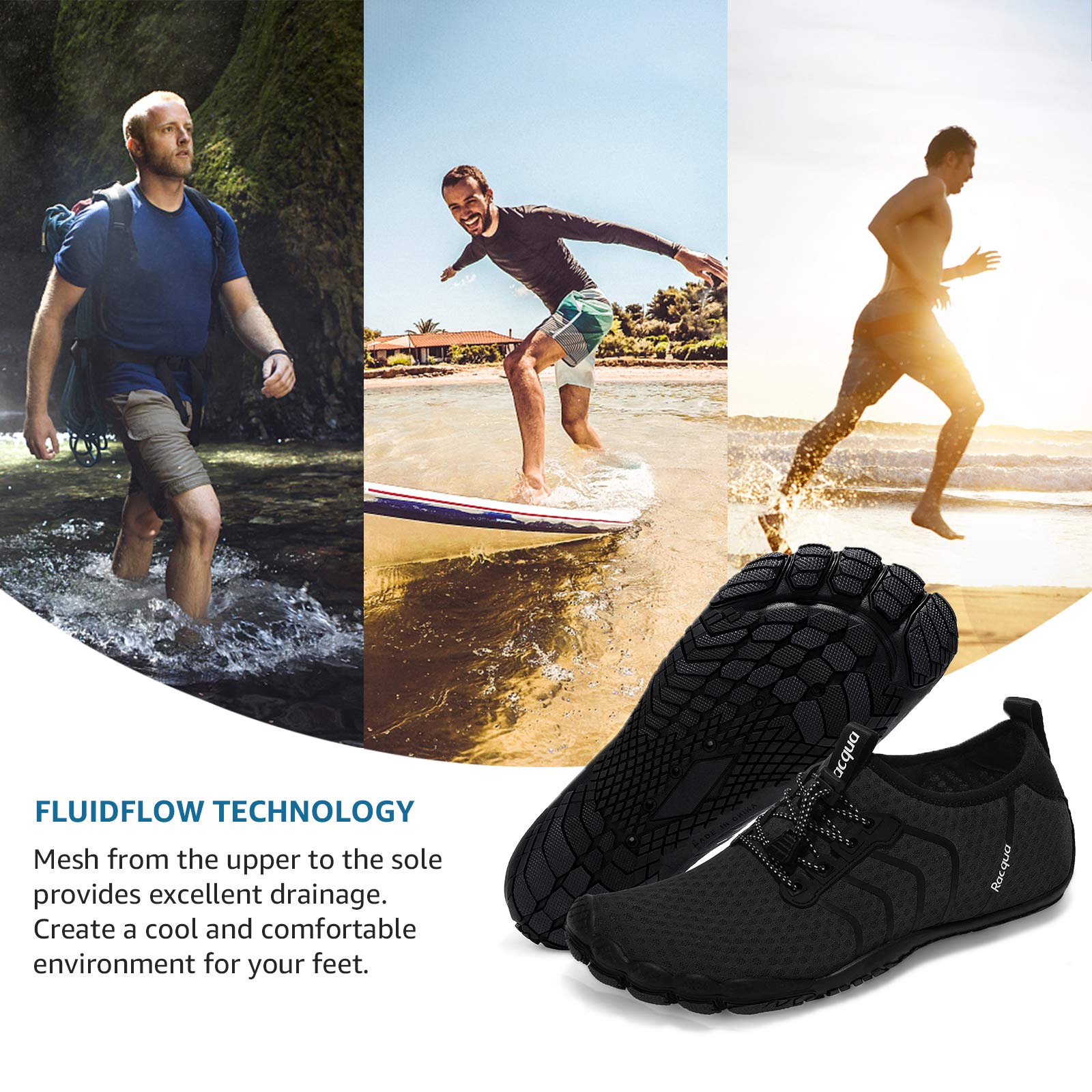 Racqua Water Shoes Quick Dry Barefoot Beach Aqua Sport Swim Surf Pool Hiking Diving Walking for Men Women Black 10 W/9 M