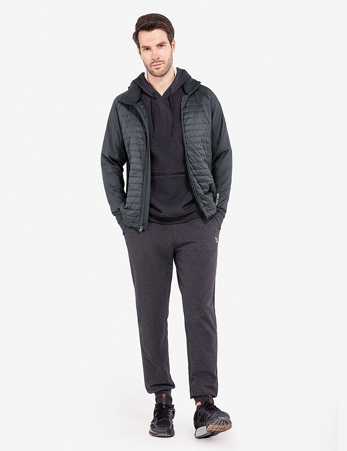 baleaf Men's Running Jacket Lightweight Thumble Hole Warm Up Puffer Jacket Hybrid Thermal Coat Insulated Hiking Golf Dark Grey XL