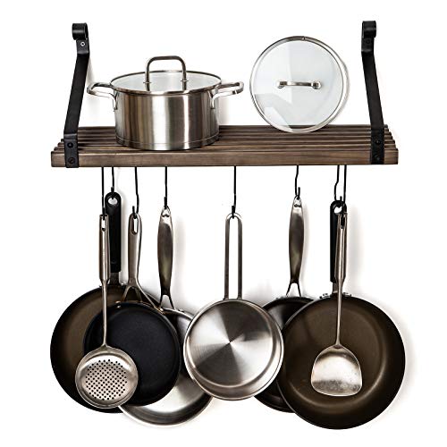 Soduku Pot Pan Rack with Solid Wood Shelf, Wall Mounted Multifunctional Kitchen Hanging Organizer with 8 Hooks for Pots Pans Lids Utensils Cookware Brown