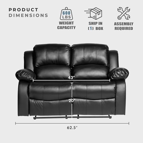 Lexicon Humphreys Loveseat Recliner - Soft Faux Leather Double Reclining Sofa, Manual Pull Tab, Wall Hugger, High-Density Foam, Solid Wood Frame, Easy Assembly, 62.5" W, Living Room, RV - Black