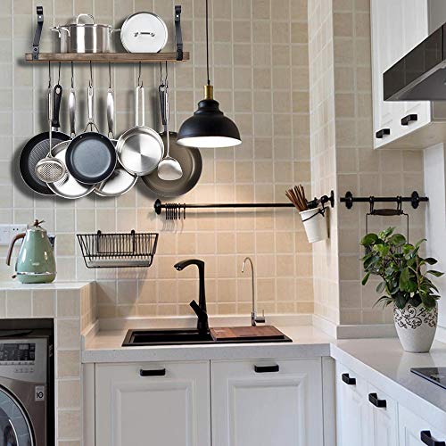 Soduku Pot Pan Rack with Solid Wood Shelf, Wall Mounted Multifunctional Kitchen Hanging Organizer with 8 Hooks for Pots Pans Lids Utensils Cookware Brown