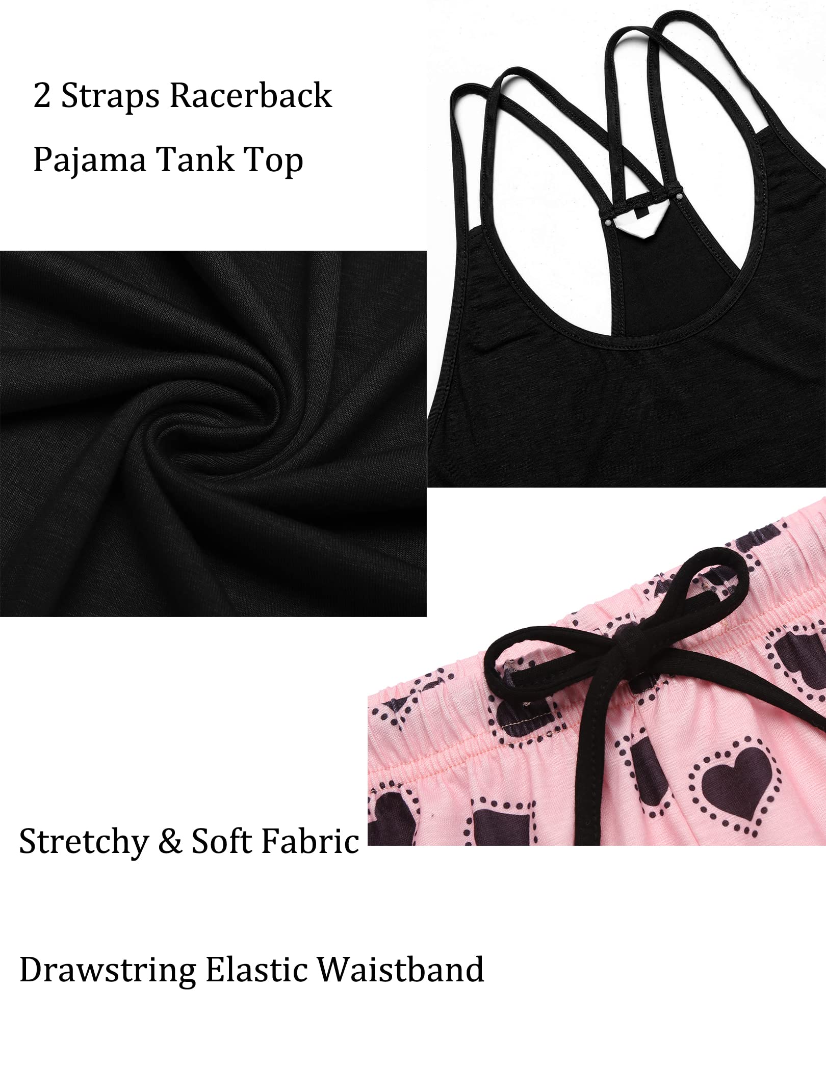 Ekouaer Womens Cami Pajama Set Sleeveless Racerback Tank Top Pjs Soft Sleepwear Pink Heart Large
