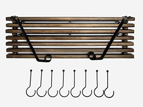 Soduku Pot Pan Rack with Solid Wood Shelf, Wall Mounted Multifunctional Kitchen Hanging Organizer with 8 Hooks for Pots Pans Lids Utensils Cookware Brown