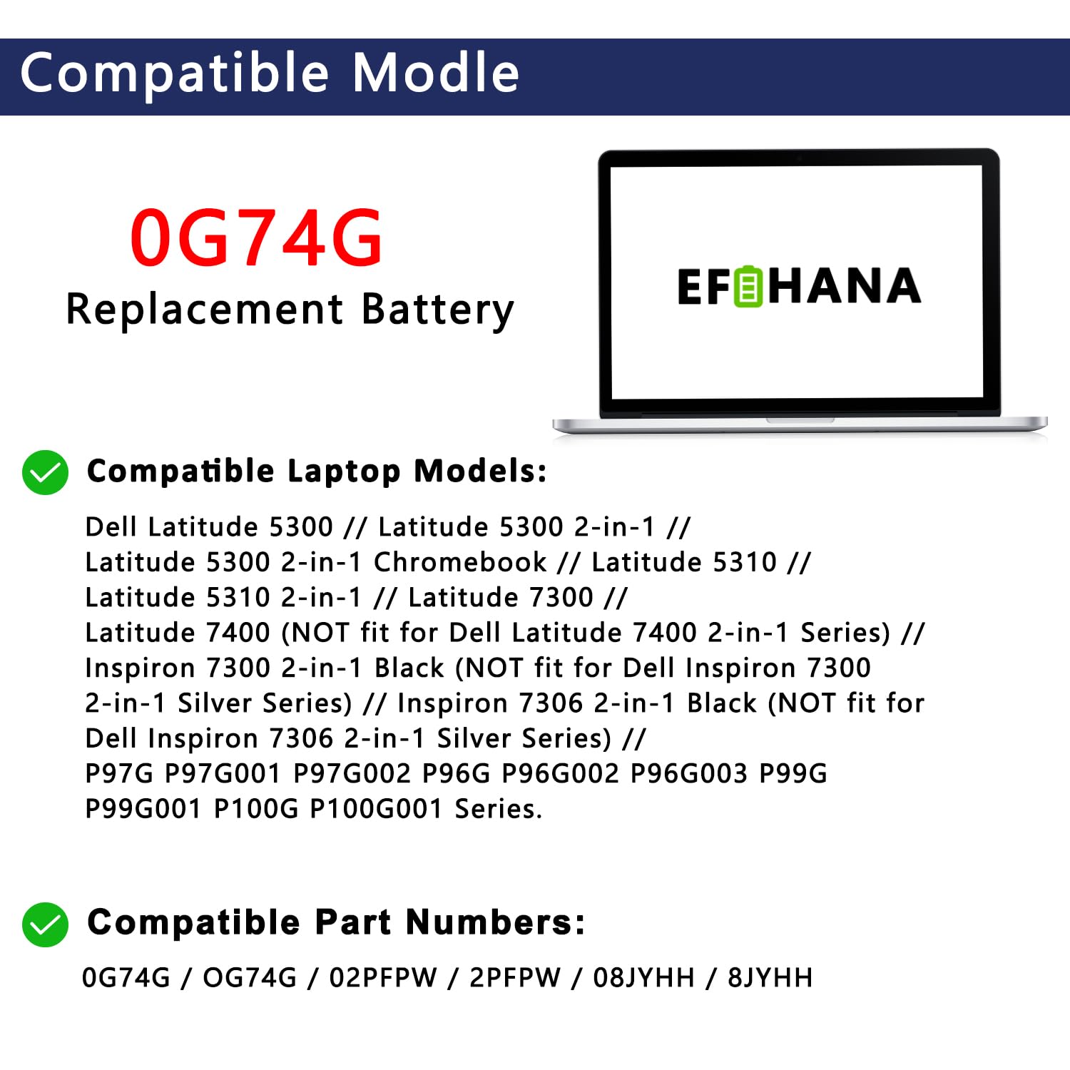 EFOHANA 0G74G Laptop Battery Replacement for Dell Latitude 7000 E7290 E7280 E7390 E7380 E7490 E7480 Series Notebook OG74G MXV9V 2PFPW 02PFPW 11.4V 42Wh 3500mAh 3-Cells