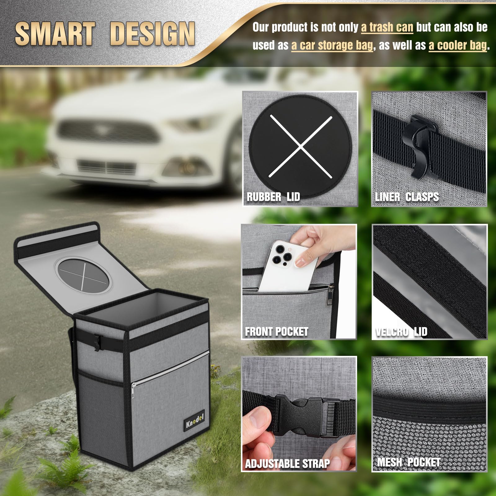 K KNODEL Car Trash Can with Lid, Leak-Proof Car Garbage Can with Storage Pockets, Waterproof Auto Garbage Bag Hanging for Headrest (Small, Gray)