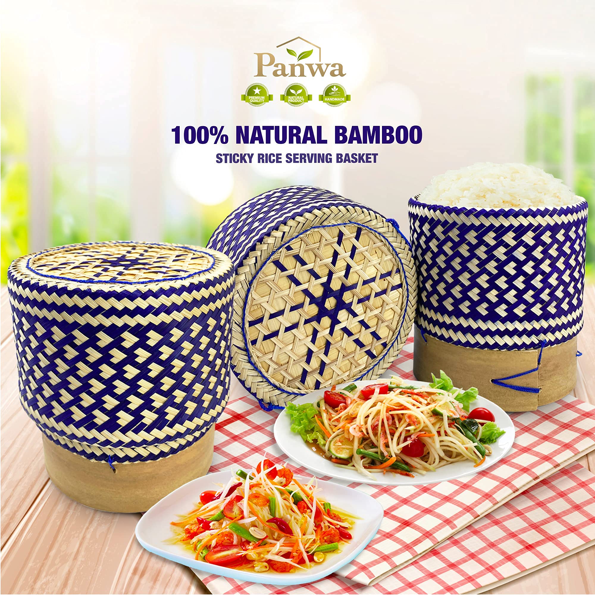 PANWA Bamboo Sticky Rice Serving Basket Thai Kratip Container 100% Handmade Traditional Village Handicrafts with Vegetable Plant Based Dye Coloring Shades Food Safe (Butterfly Pea)