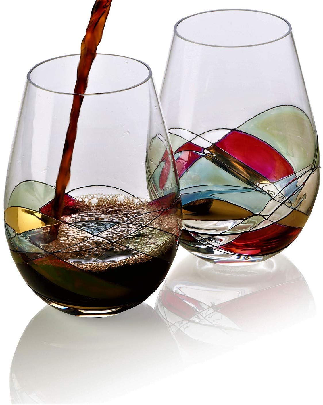 Bezrat Stemless Wine Glasses Set of Two | Hand Painted Large Premium Red and White Wine glasses | Lead-Free Crystal | Essential Wine Gift | 18 Ounces (Blue)