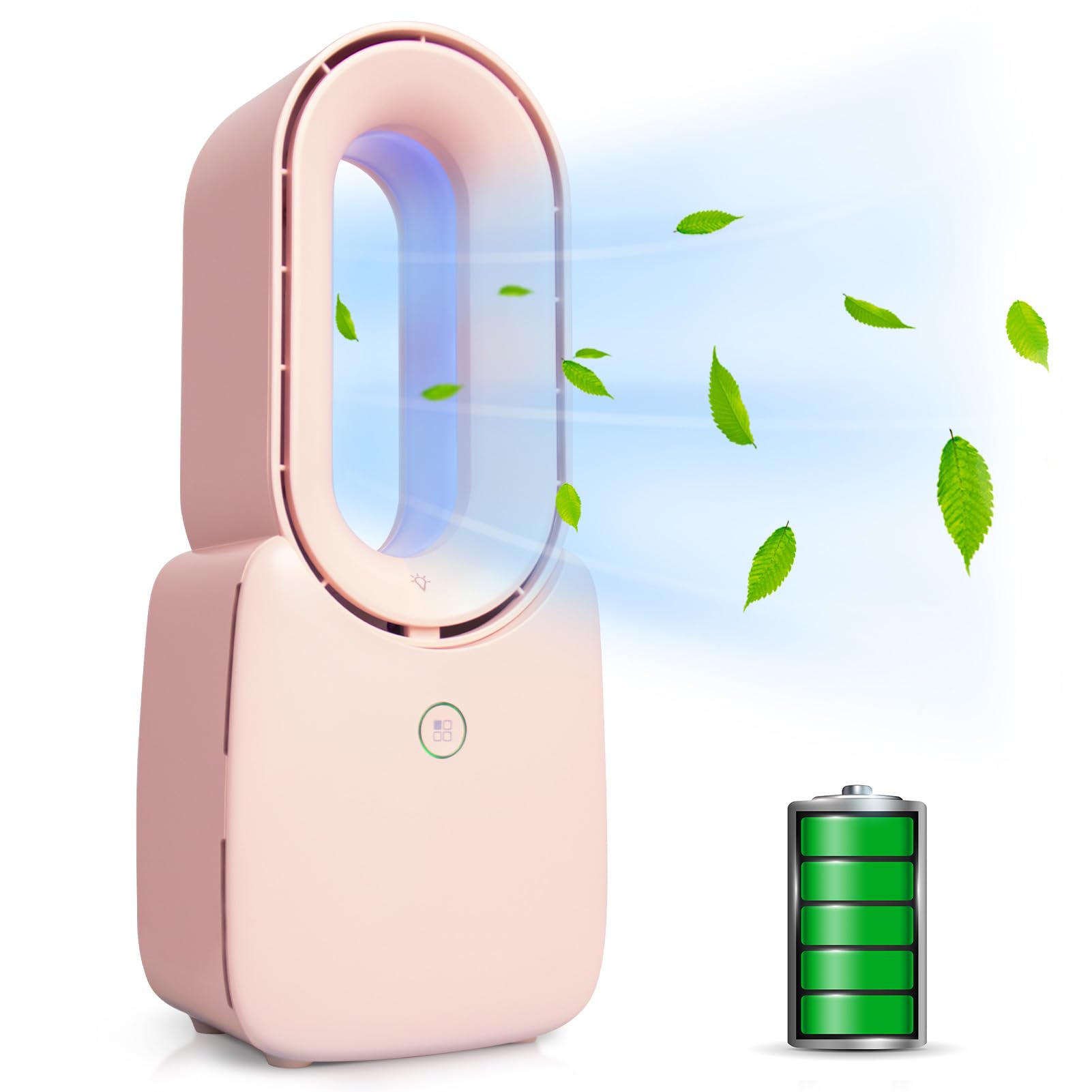 CONBOLA Small Tower Fan, 11.8 Inch Personal Portable Fan Rechargeable, USB Quiet Bladeless Desk Fan with 3 Speeds, Battery Operated Fan with Decorative LED for Office Bedroom Outdoor Table Home(Pink)