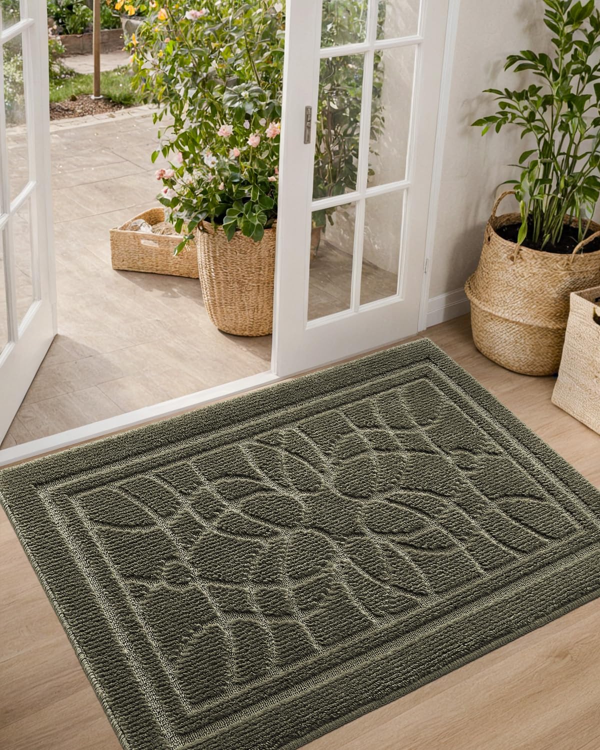 DEXI Front Door Mat for Home Entrance, 24x36 Non-Slip Absorbent Floor Mats Low-Profile Washable Doormat for Entryway, Garage, Patio, Green
