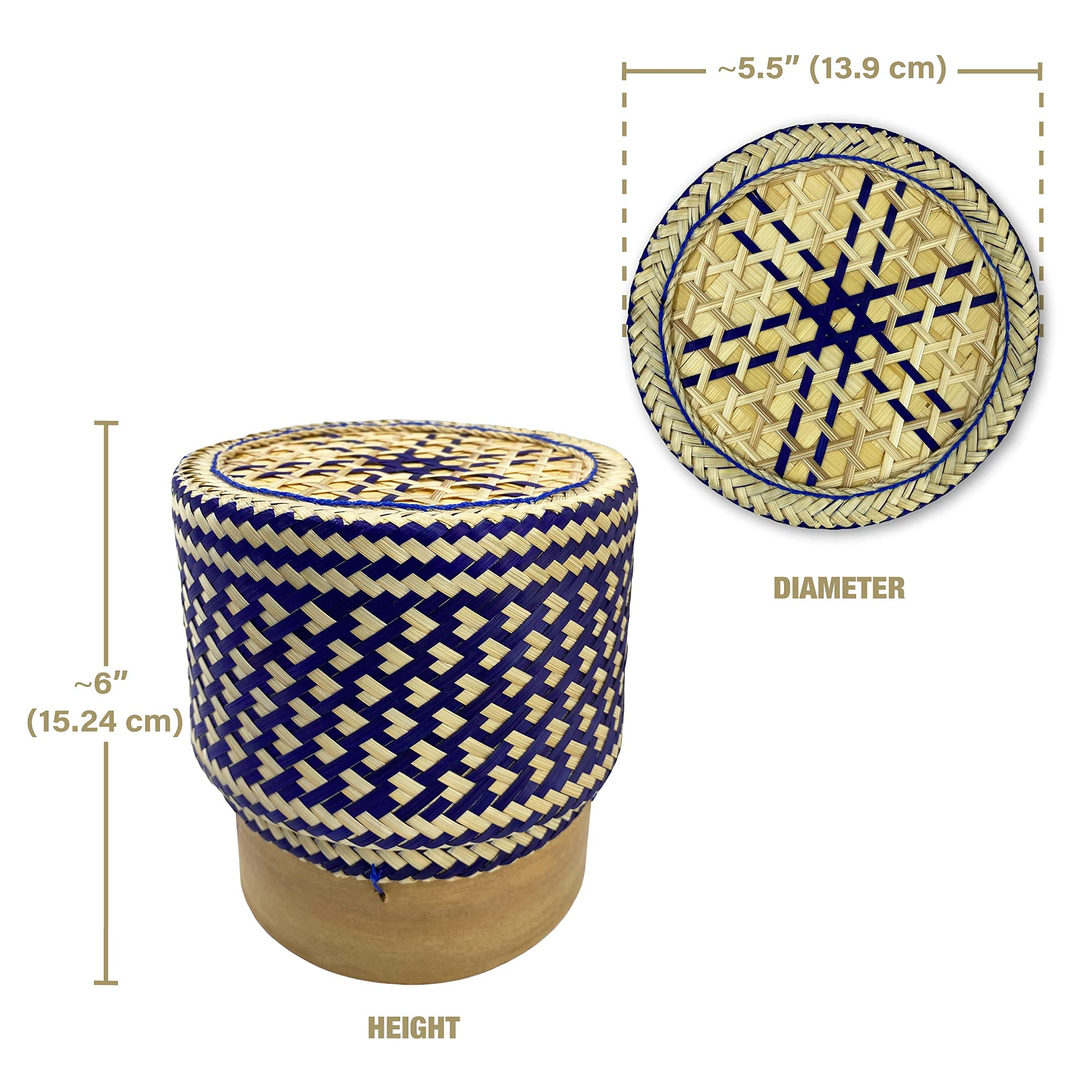 PANWA Bamboo Sticky Rice Serving Basket Thai Kratip Container 100% Handmade Traditional Village Handicrafts with Vegetable Plant Based Dye Coloring Shades Food Safe (Butterfly Pea)