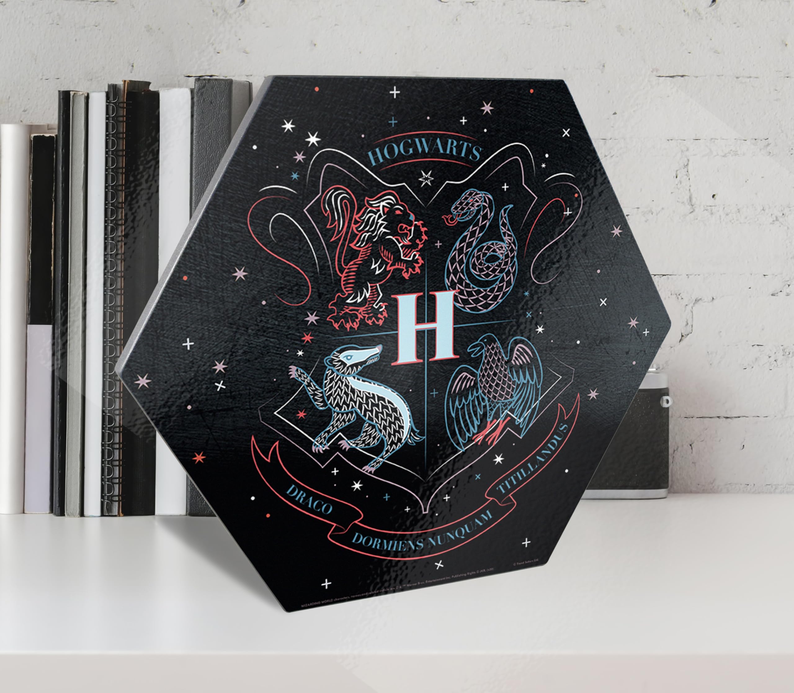 Harry Potter – Hogwarts School of Witchcraft and Wizardry – Crest - 11.5” X 10” Hexagon Shaped KNEXAGON Wood Print – Hang Alone or Connect to Other Pieces – Officially Licensed Merchandise