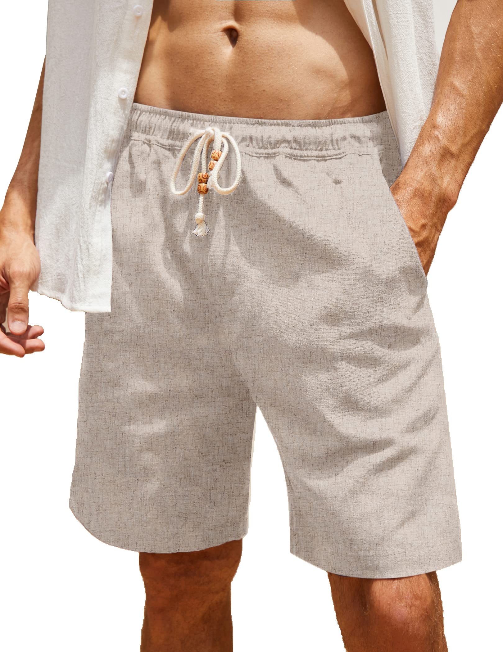 COOFANDY Mens Casual Linen Shorts Stretchy Drawstring Waistband Lounge Shorts Light Khaki