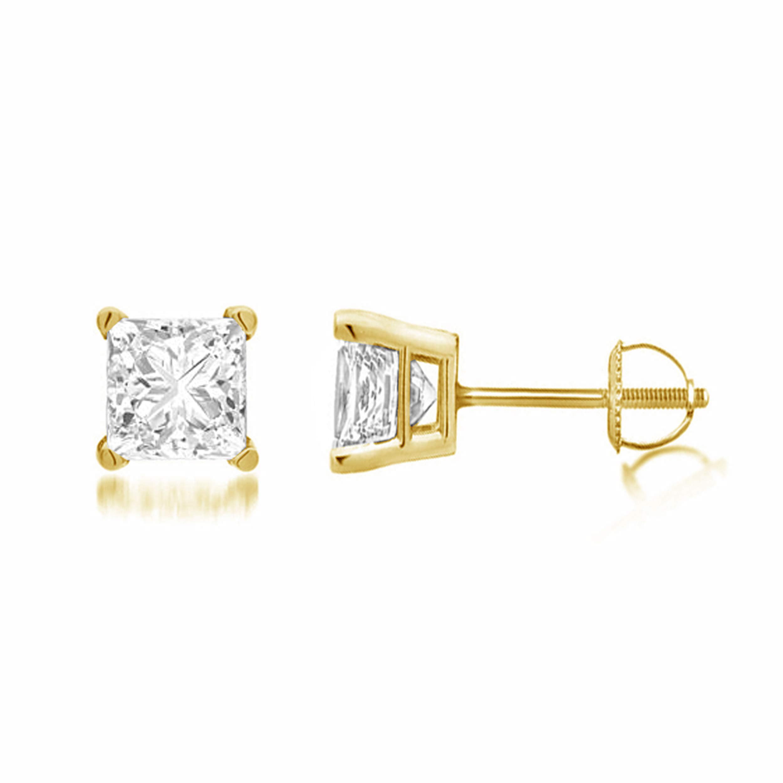 Beyond Brilliance 0.06 Carat Princess Cut Natural Diamond Stud Earrings | 14K Yellow Gold Earrings with Screw Back | Fine Jewelry | Gift Box Included