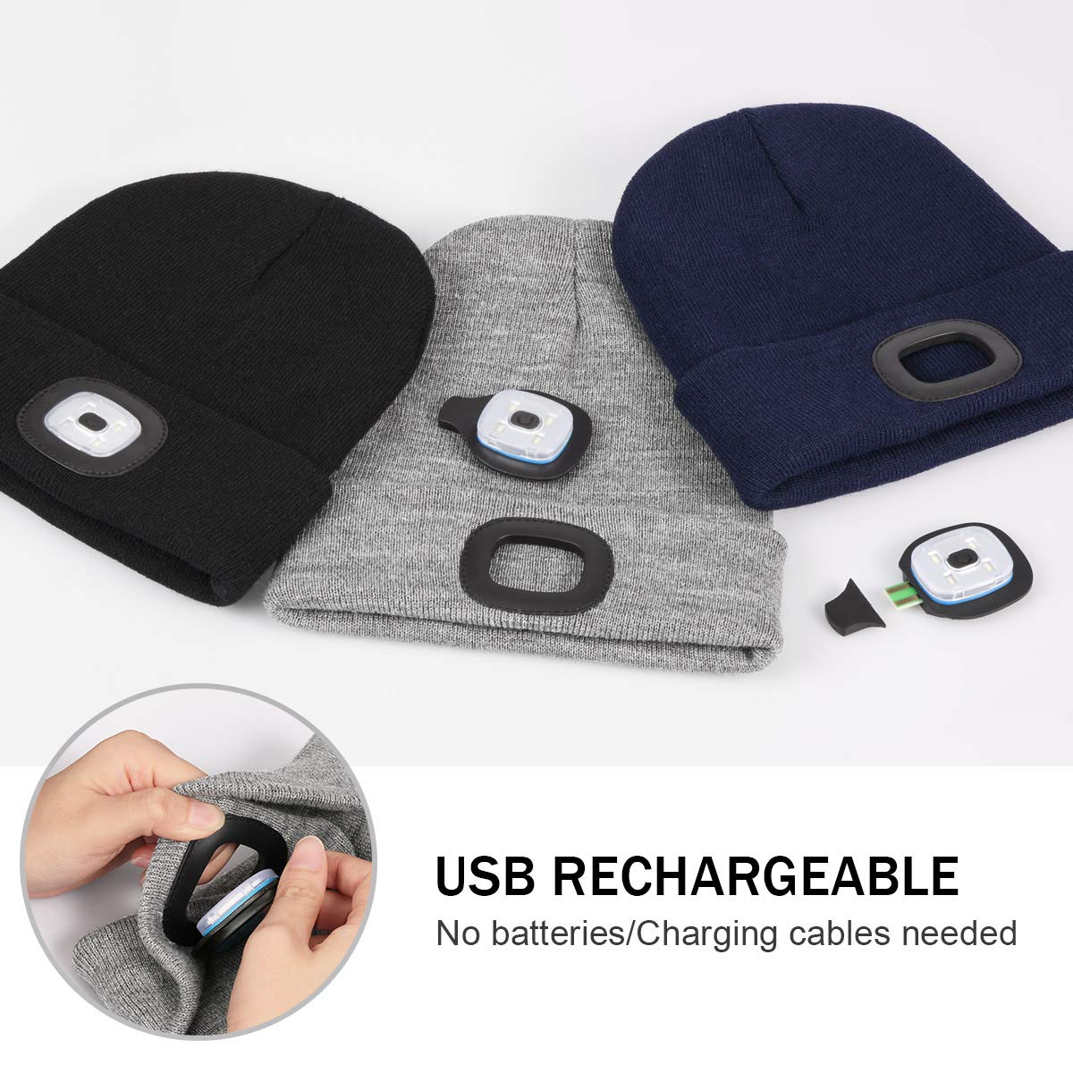 LED Beanie with The Light, Unisex USB Rechargeable Headlamp Hat Winter Knitted Night Lighted Cap Flashlight Women Men Gifts for Dad Him Husband (Orange)