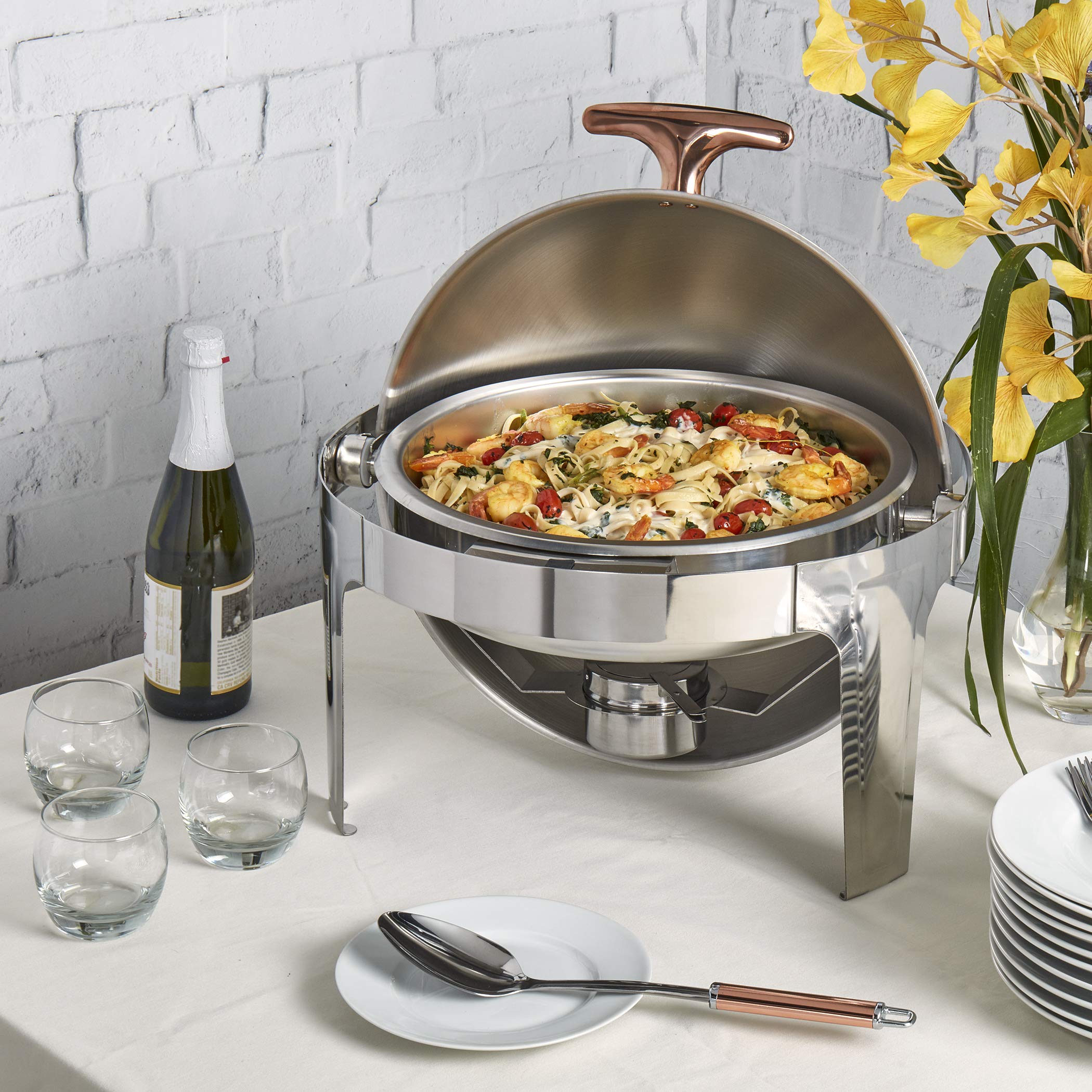 Denmark Tools for Cooks Celebrations Cookware Collection 5 Piece 6.3-Quart Heavy Gauge Stainless Steel Round Chafing Dish Set with Roll Top Lid for Entertaining & Catering