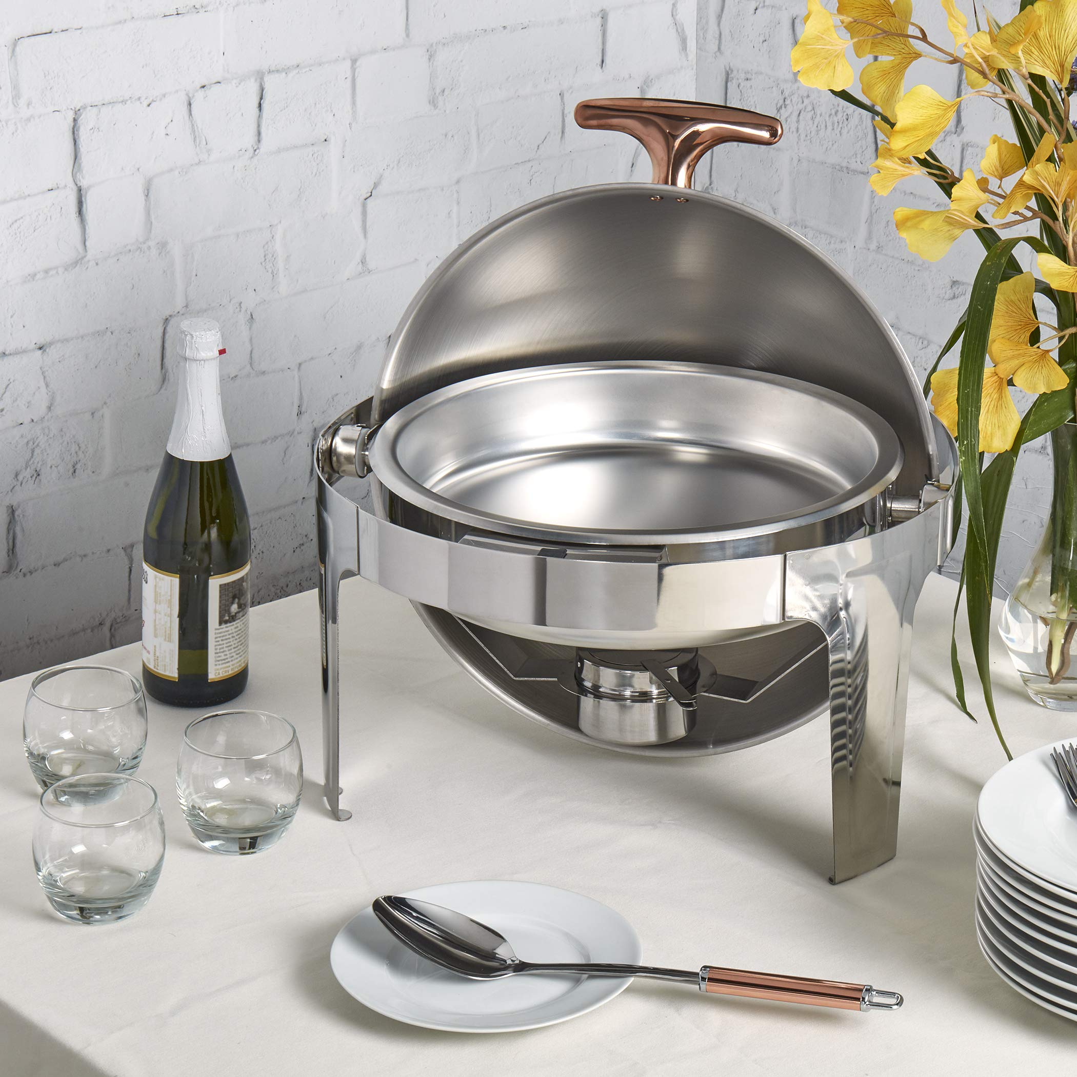 Denmark Tools for Cooks Celebrations Cookware Collection 5 Piece 6.3-Quart Heavy Gauge Stainless Steel Round Chafing Dish Set with Roll Top Lid for Entertaining & Catering