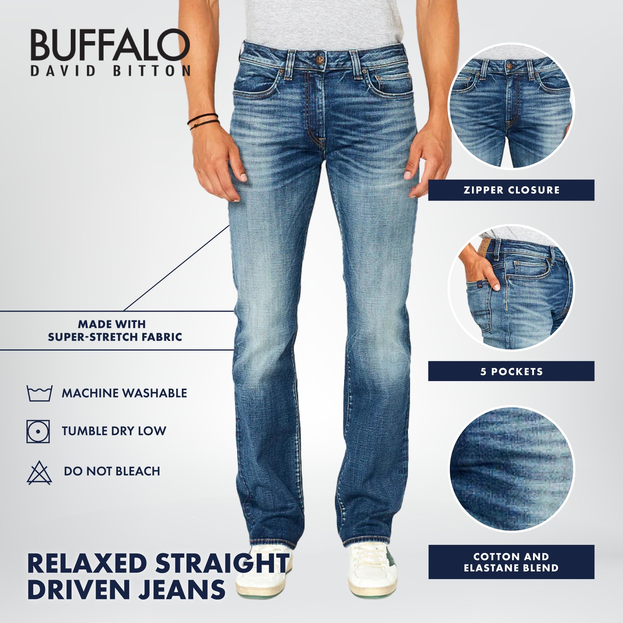 Buffalo David Bitton Men's Relaxed Straight Driven Jeans, Authentic and Sanded Indigo, 34W x 30L