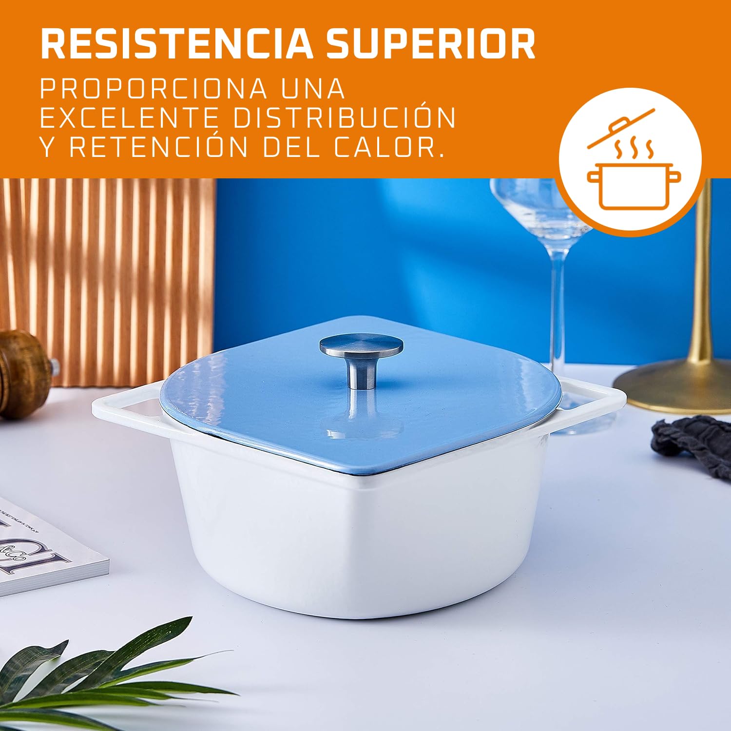 Bruntmor 3 Quart Cast Iron Enameled Dutch Oven - Modern Squoval Design - Nonstick Seasoned Pot with Stainless Steel Knob - Ideal for Dinner - White with Blue Lid