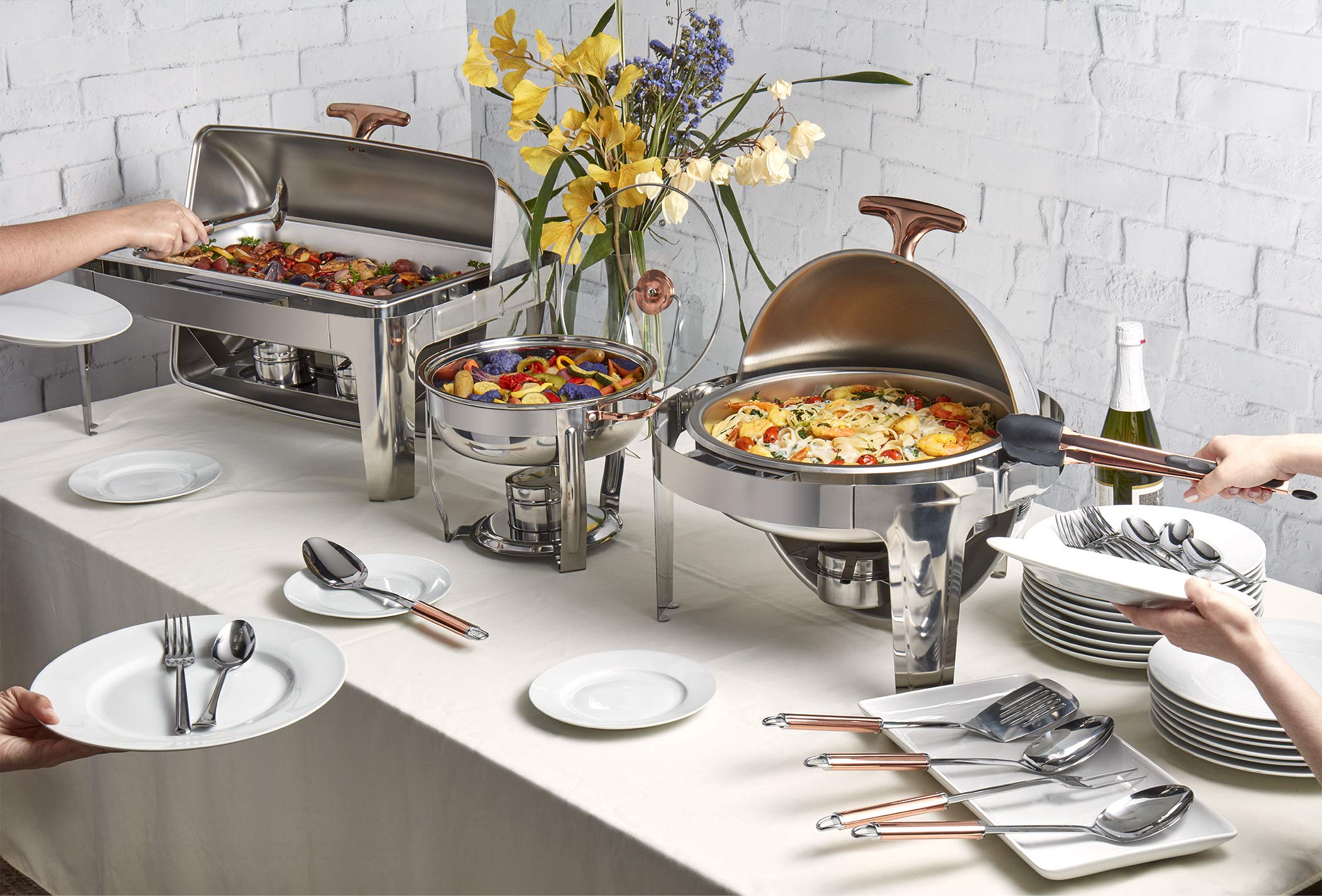 Denmark Tools for Cooks Celebrations Cookware Collection 5 Piece 6.3-Quart Heavy Gauge Stainless Steel Round Chafing Dish Set with Roll Top Lid for Entertaining & Catering