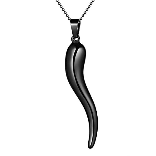 Hipunk Italian Horn Necklace Women Men - Lucky Cornicello Talisman Pendant 316L Stainless Steel Black Gun Plated Protection Amulet Chili Pepper Jewelry SP0064B