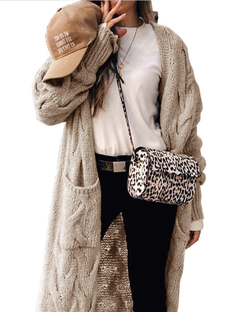 ZIWOCH Women's Long Cardigan Coats Cable Knit Casual Open Front Long Sleeve Loose Sweater with Pockets Beige