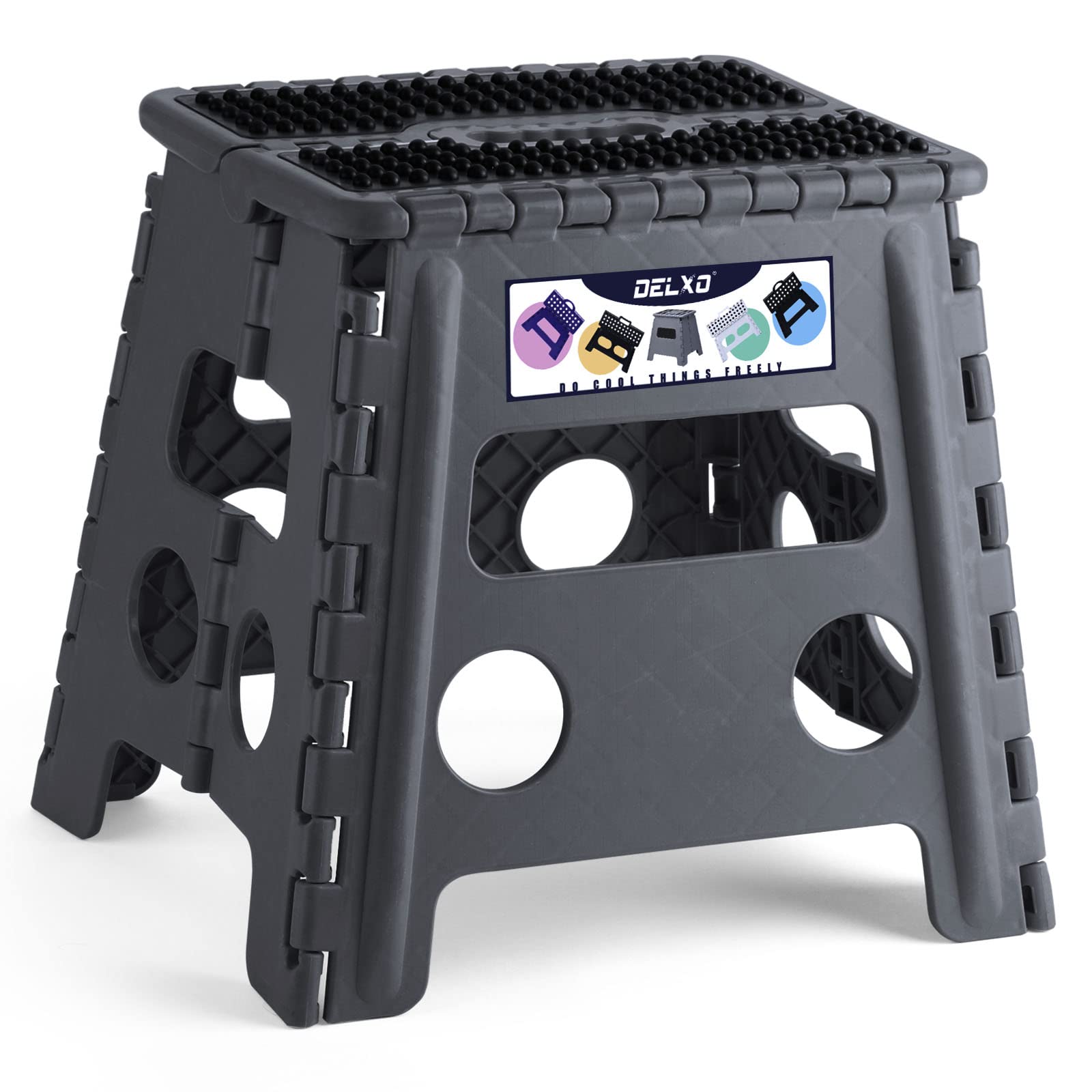 Delxo Folding Step Stool 13 inch Height Heavy Duty Foldable Step Stools for Adults and Kids,Kitchen Small Collapsible Fold Up Stepping Stool 1 Pack in Grey Dotted Texture